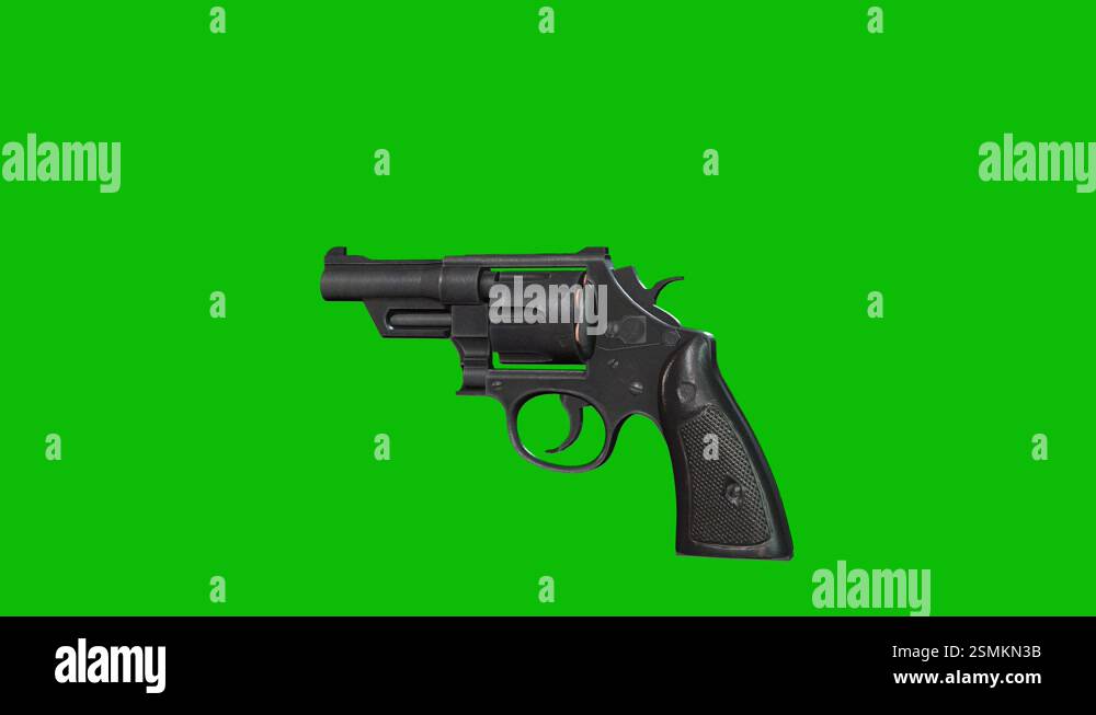 3D model of a modern revolver pistol rotating 360 degrees on green ...