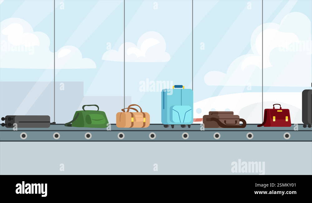 4k Animated footage of a conveyor belt carrying various bags and ...