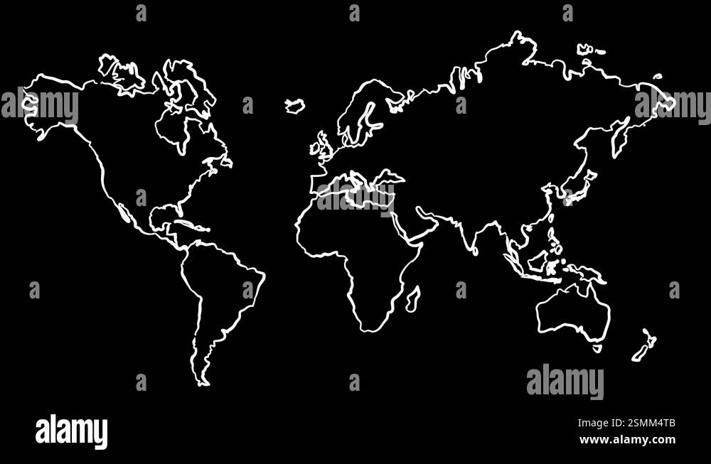 Animated self-drawing 2D world map in line art, with white lines ...