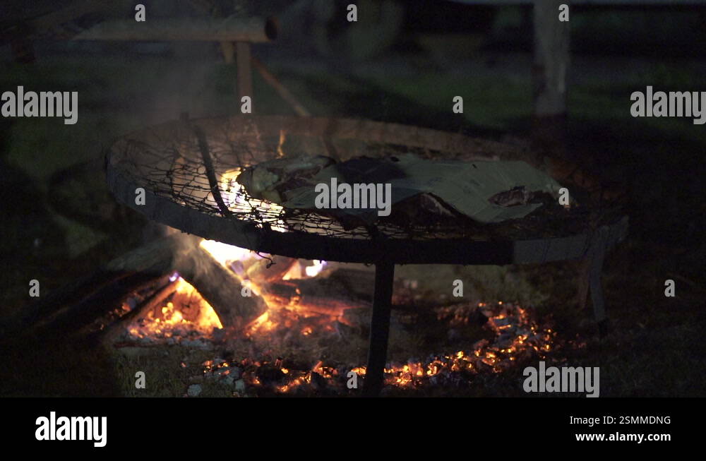 Outdoor nighttime barbecue with a beef cut slow-cooking over a fire ...