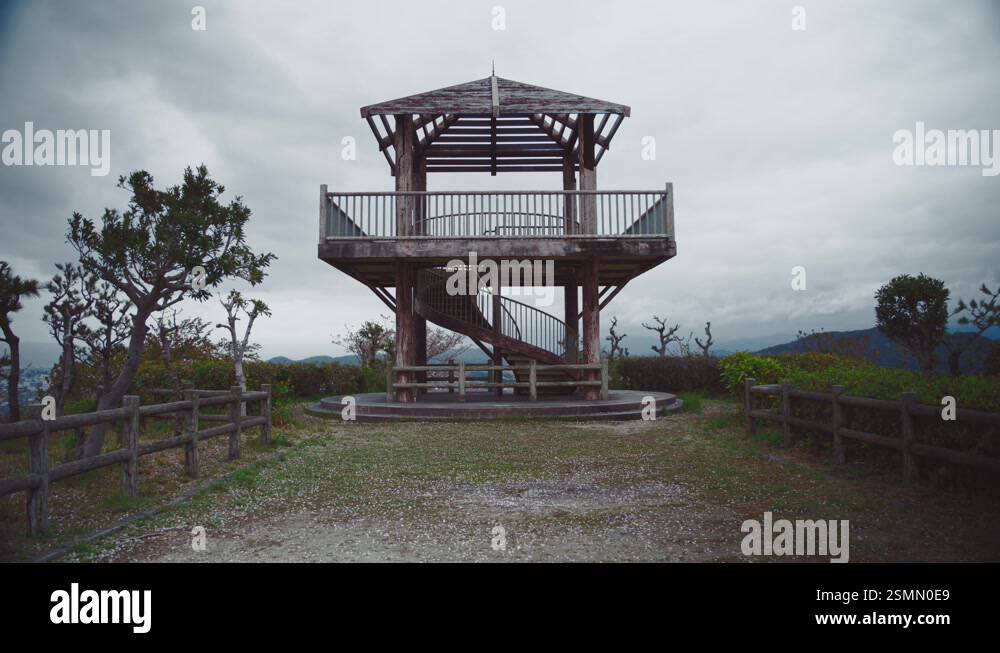 Wooden observation tower in Saikazaki, Japan on a cloudy day with ...