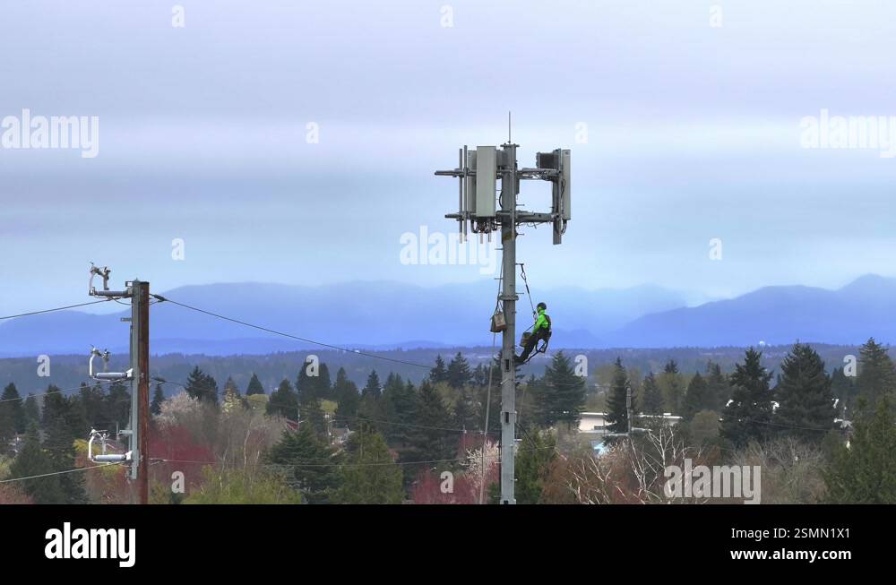 The Broadband Technician on the Pole is Repairing the Internet ...