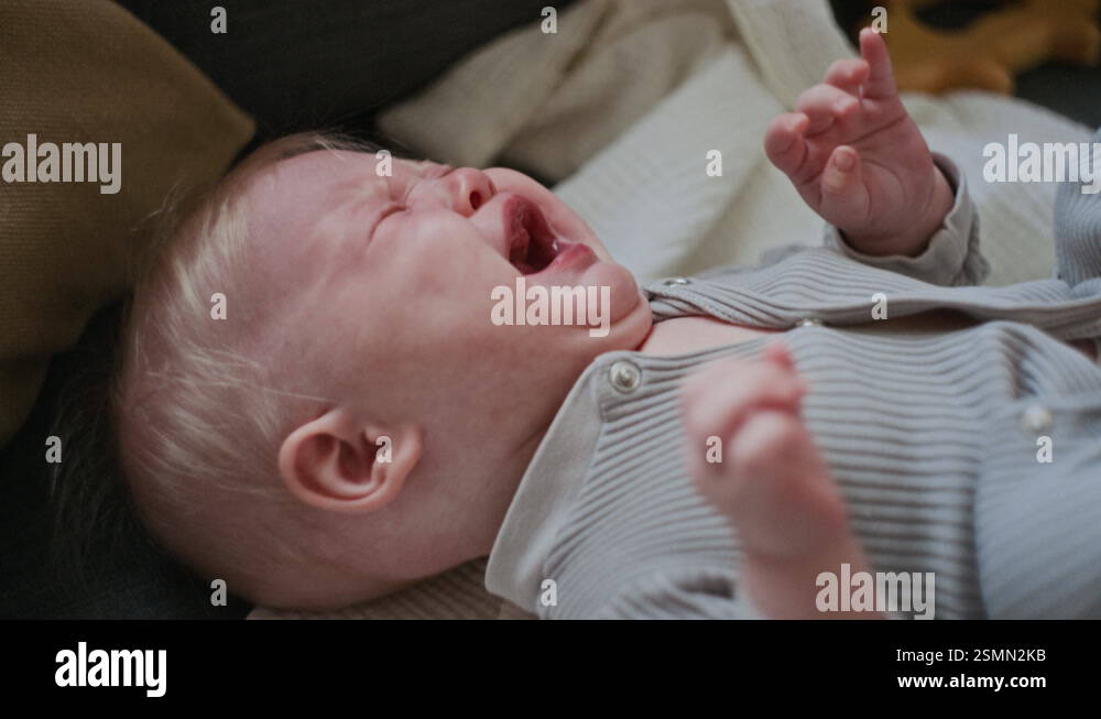 Anonymous Woman Struggling of Dressing Crying Baby Lying on Couch Stock ...