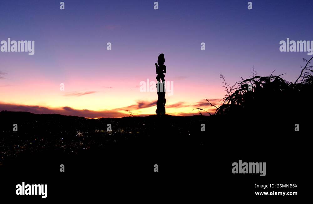 Wellington, New Zealand - 08/05/2024: Silhouetted Maori pou whenua ...