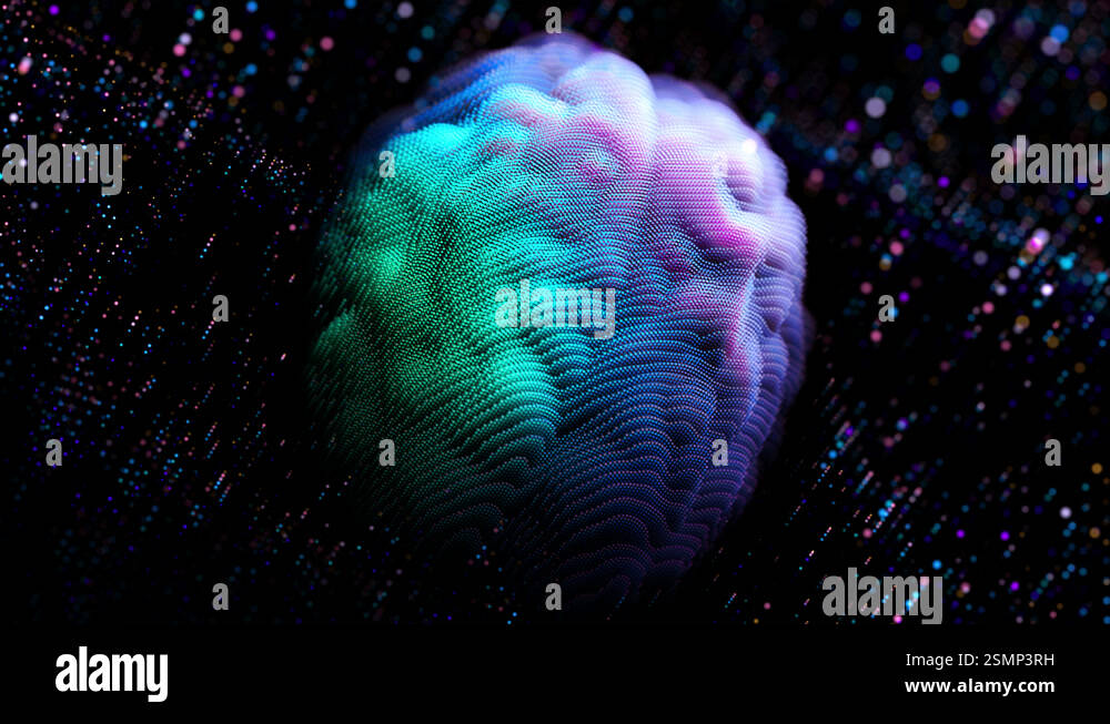 3D digital bright human brain rotates on black background with glowing ...