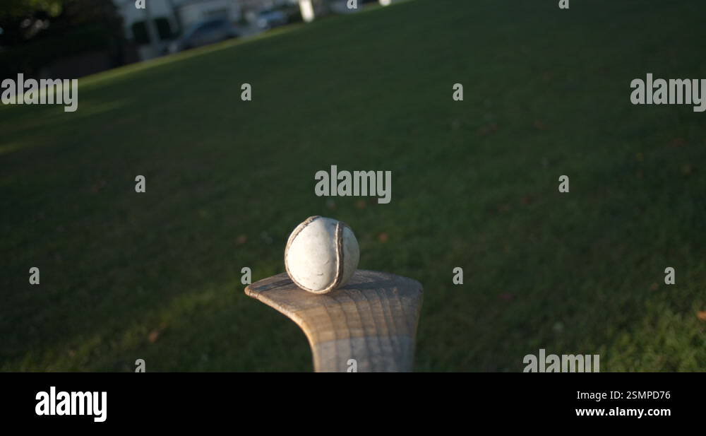 Hurling player action bouncing sliotar ball on hurley stick point of ...