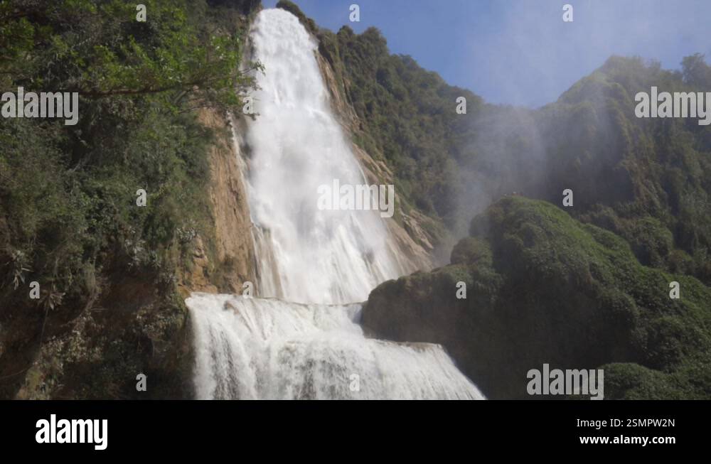 Tall waterfall in Latin America Mexico tropical forest El Chiflon ...