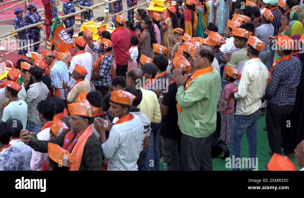 Varanasi, India - 06/24/2024: Large crowd of people cheering up for BJP ...