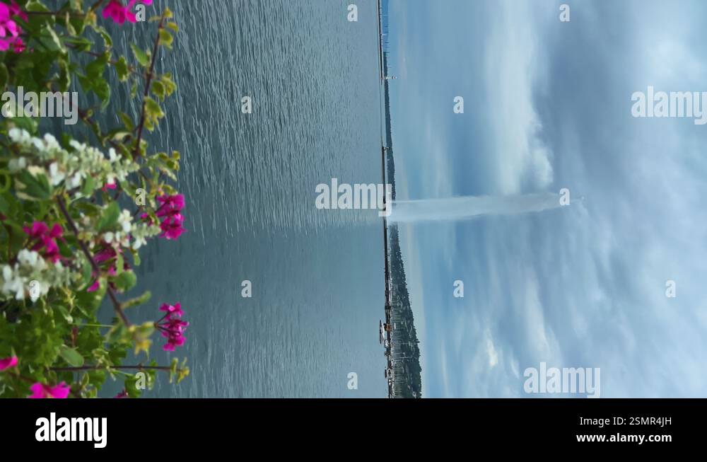 Vertical View Of The Famous Landmarks Of Jet d'Eau Fountain In Geneva ...