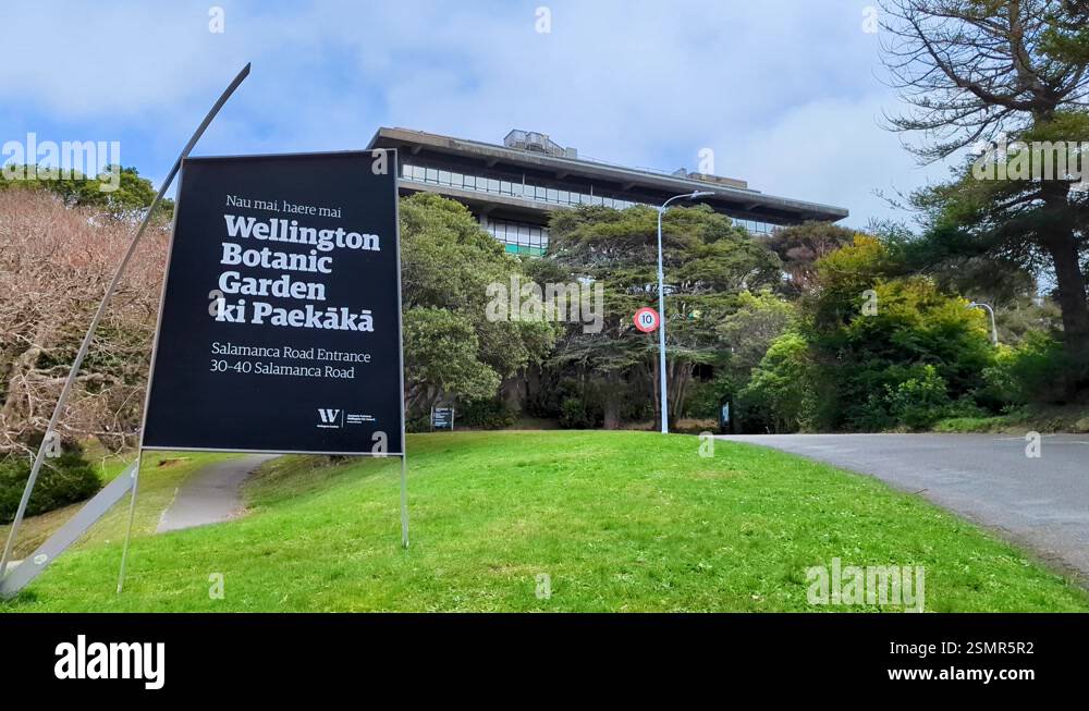 Wellington, New Zealand - 08/10/2024: View of entrance and welcome sign ...