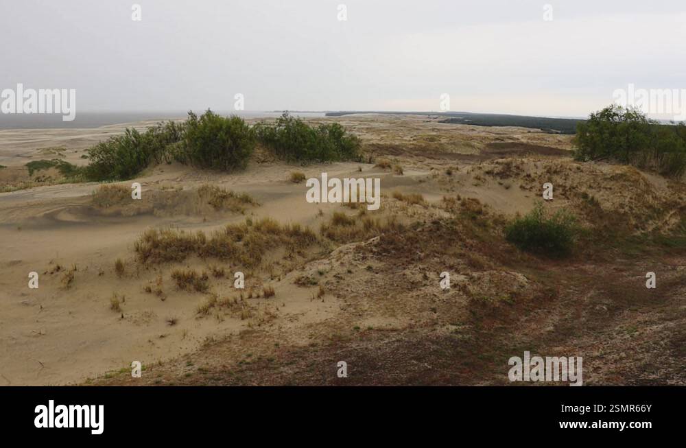 Sand dunes of the Curonian Spit. Grey rainy sky and stormy Baltic sea ...