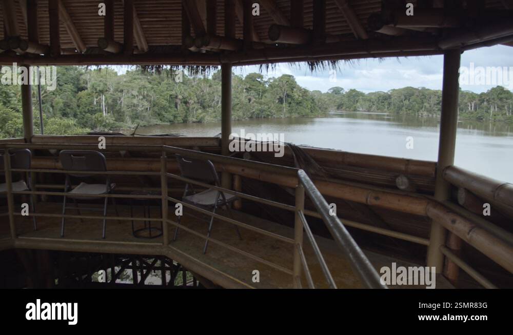 Observation deck of an eco lodge to see the lake and all animals of the ...