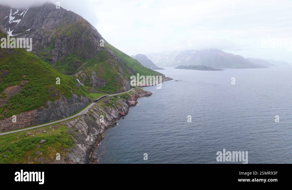 Aarial shot of E10 highway in Lofoten, northern Norway. Road and tunnel ...