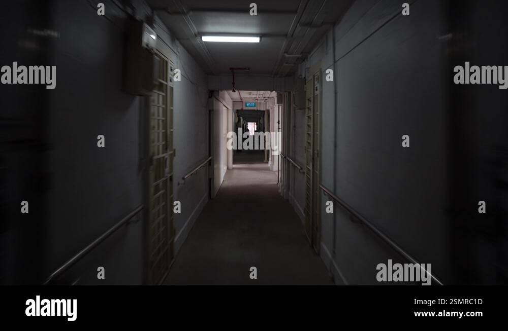 Camera moving forward in a long hallways where we see apartment doors ...