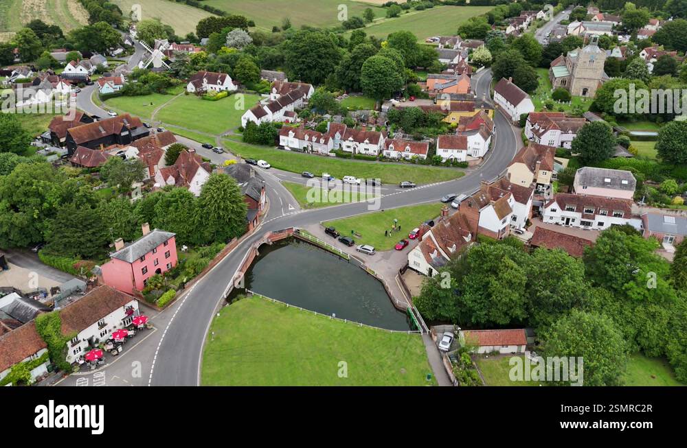 Old bridge and duck pond Finchingfield Village in Essex UK drone aerial ...
