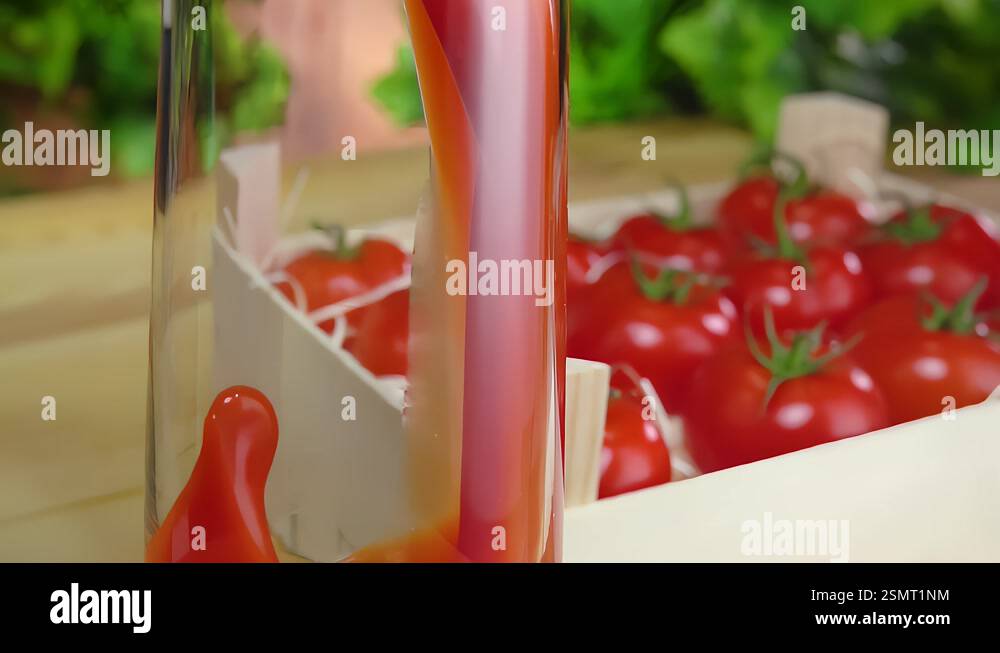 Delicious tomato juice is poured in jug next to the wooden box full of ...