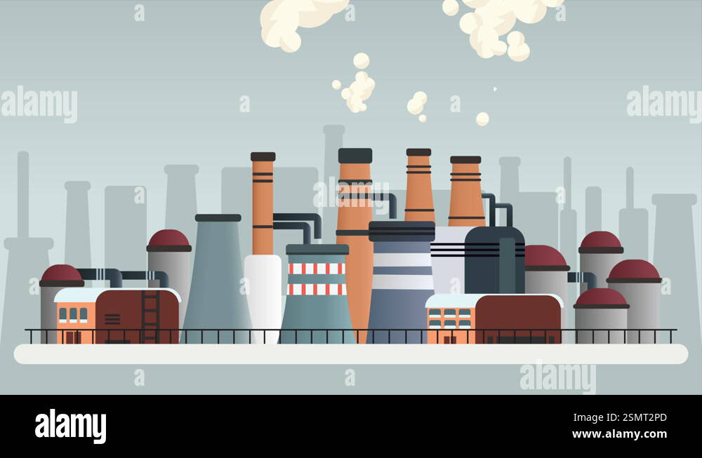 Factory chimneys releasing smoke into the air, causing air pollution ...