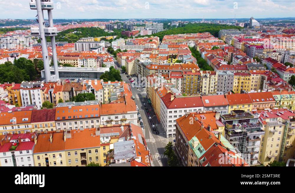 Žižkov Television Tower Amidst Historic Buildings in Prague, aerial ...