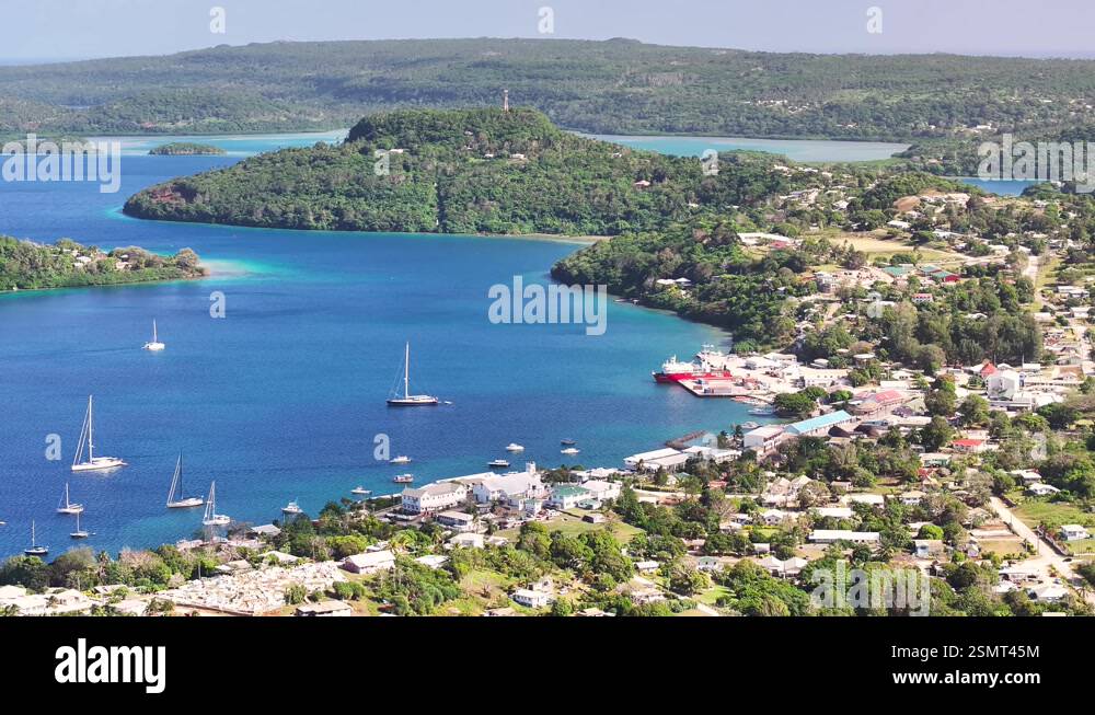 Beautiful drone panoramic of Neiafu city and Mt Talau. Vava'u island in ...