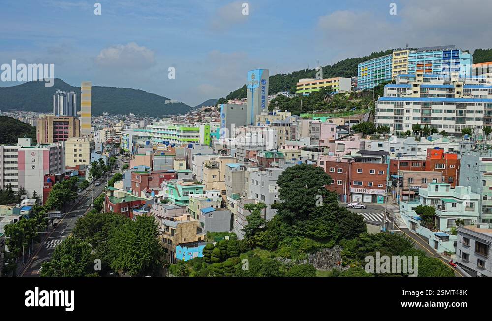 Busan, South Korea - 06/16/2024: Colorful blue yellow buildings in ...