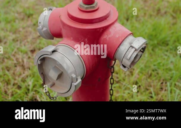 Red fire hydrant standing in green grass. Close-up view of a fire ...