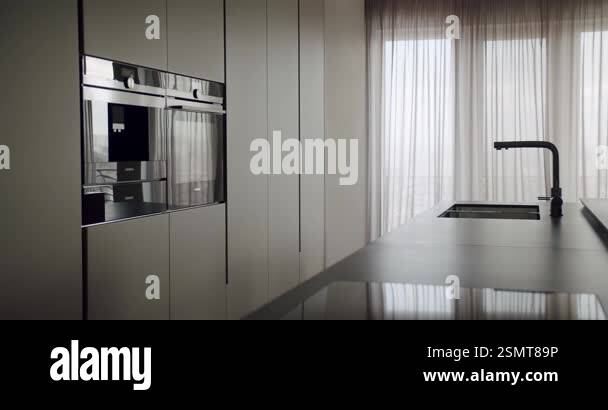 A sleek and stylish modern kitchen featuring high-end built-in ...