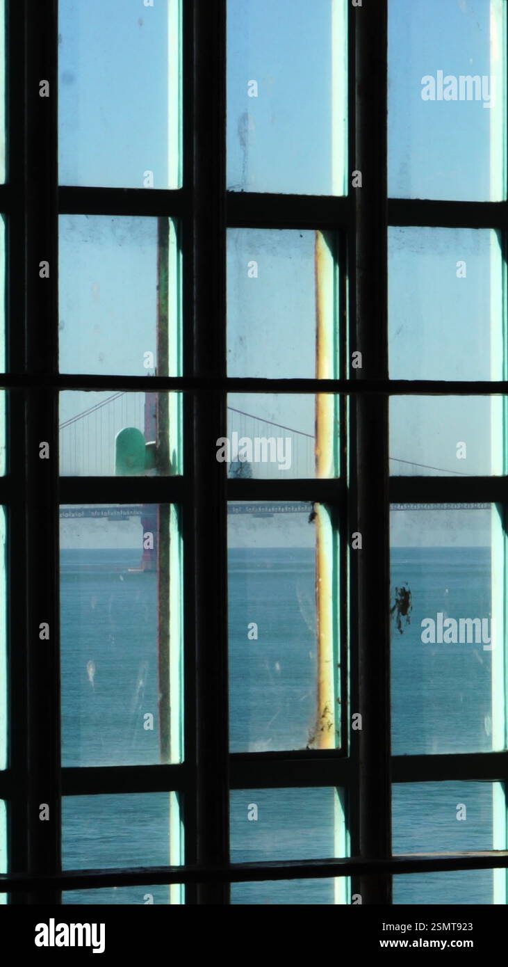 Vertical View, Alcatraz Prison Window and Metal Bars WIth San Francisco ...