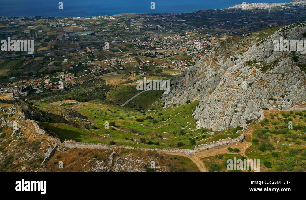 Corinth city in Greece and Saronic gulf view from Acrocorinth castle ...