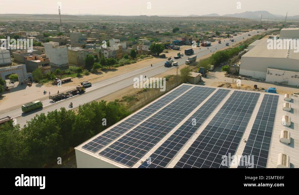 Moving aerial view showing solar cells installed industry and beautiful ...