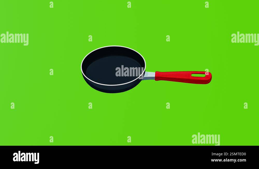 2d model of a black frying pan with a red handle isolated on a green ...
