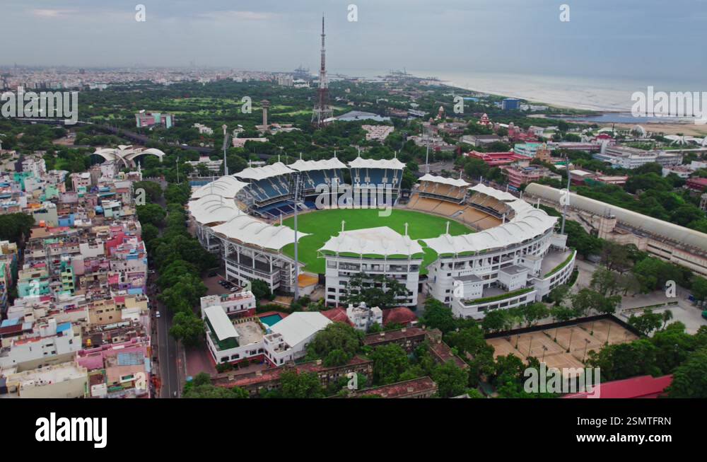 areal view of Chepauk Stadium with marina beach in the background in ...