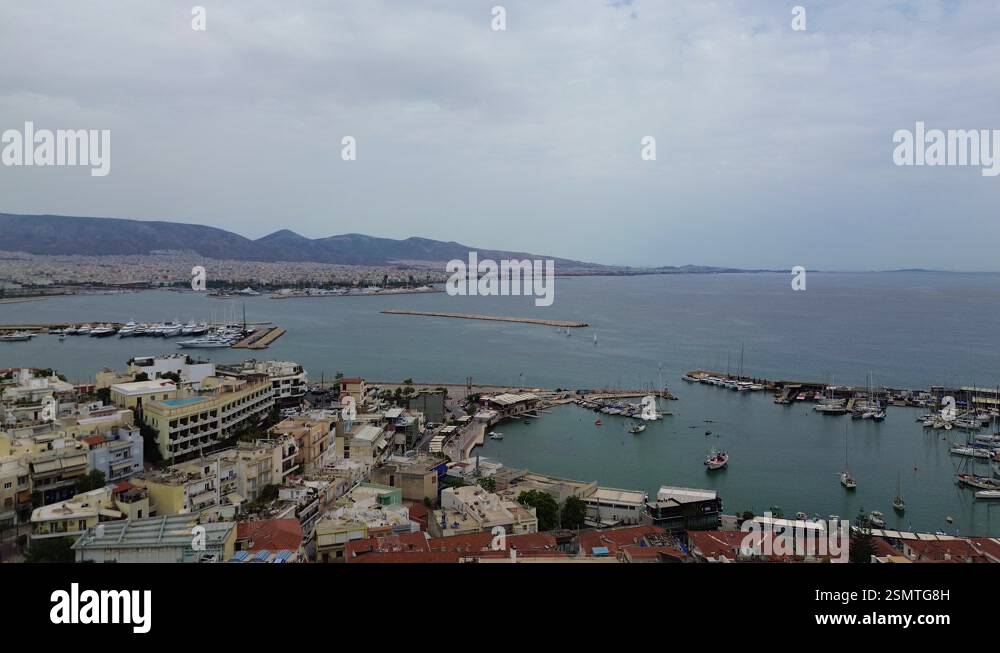 Athens Greece, Aegean sea marina port, aerial drone city building ...