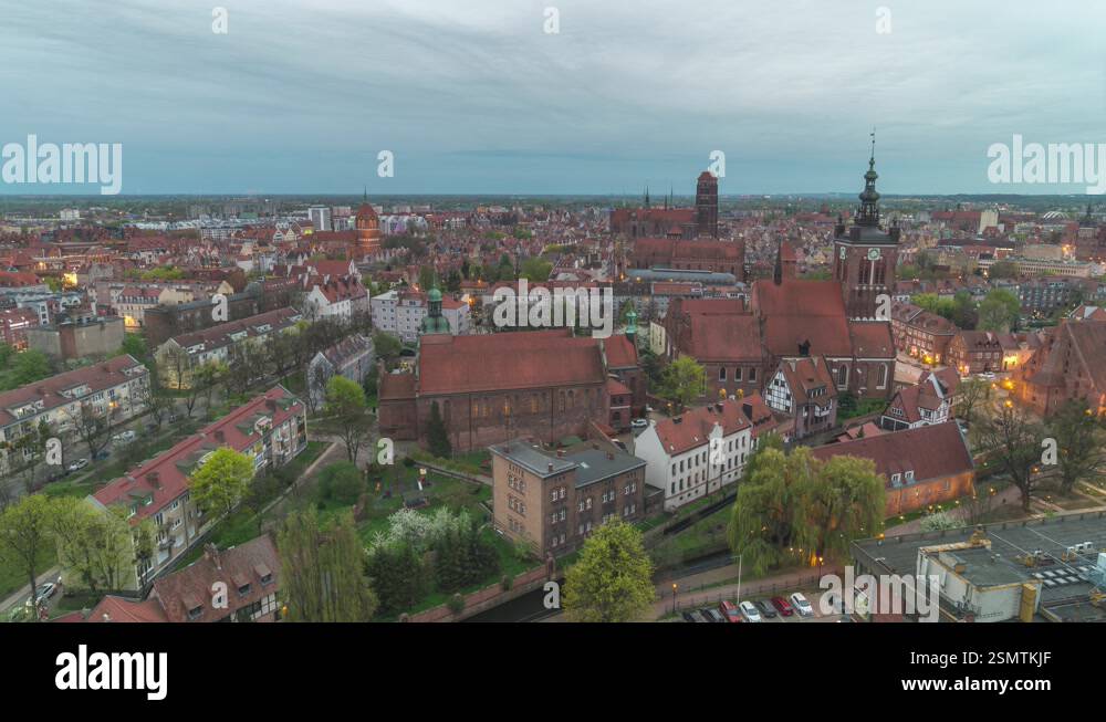 Gdansk Poland time lapse high angle view day to night city skyline at ...