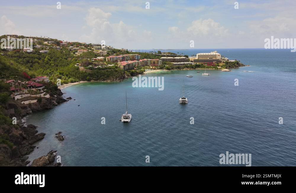 Drone flying over boats in the Caribbean US Virgin Islands summertime ...