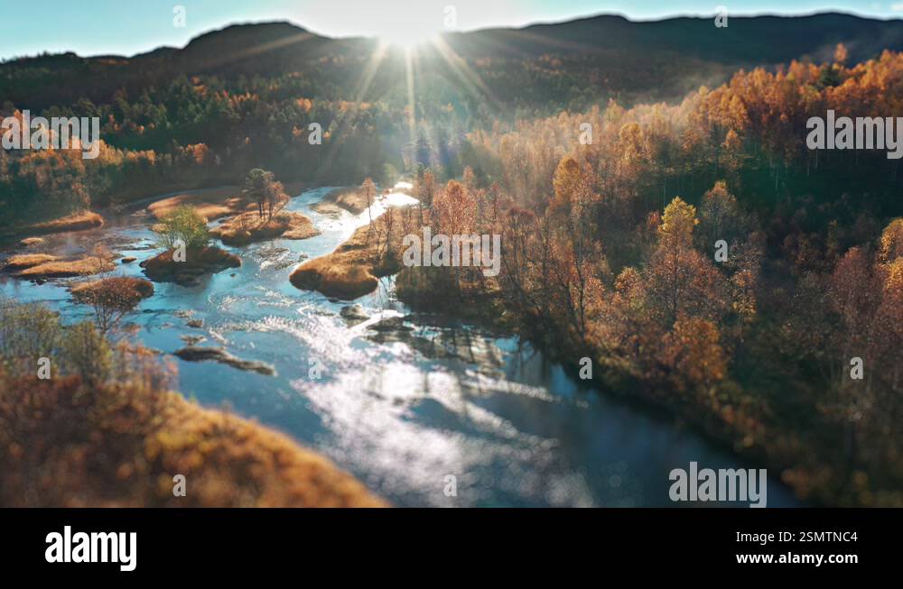 The wide shallow river flows through the sunlit forested valley Stock ...