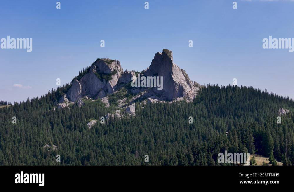 Bird’s-eye view of Pietrele Doamnei peak and the Rarau Mountains in ...