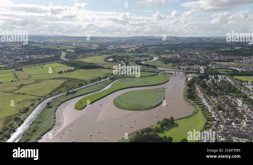 Aerial view of the River Exe with the M5 motorway in the background ...