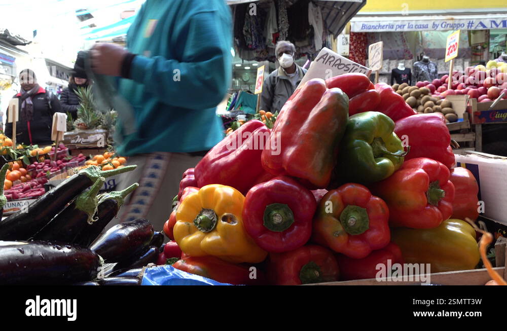 Fresh bell peppers for sale at fruit vegetable market stall in Napoli ...