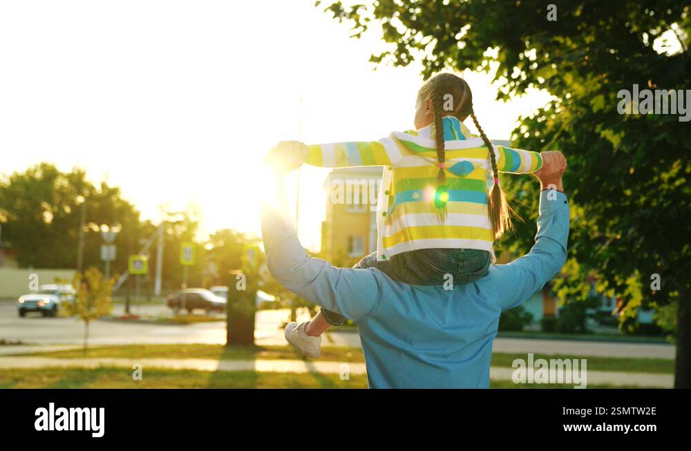 outdoors, child walking sunset park, girl child dad, child walking with ...