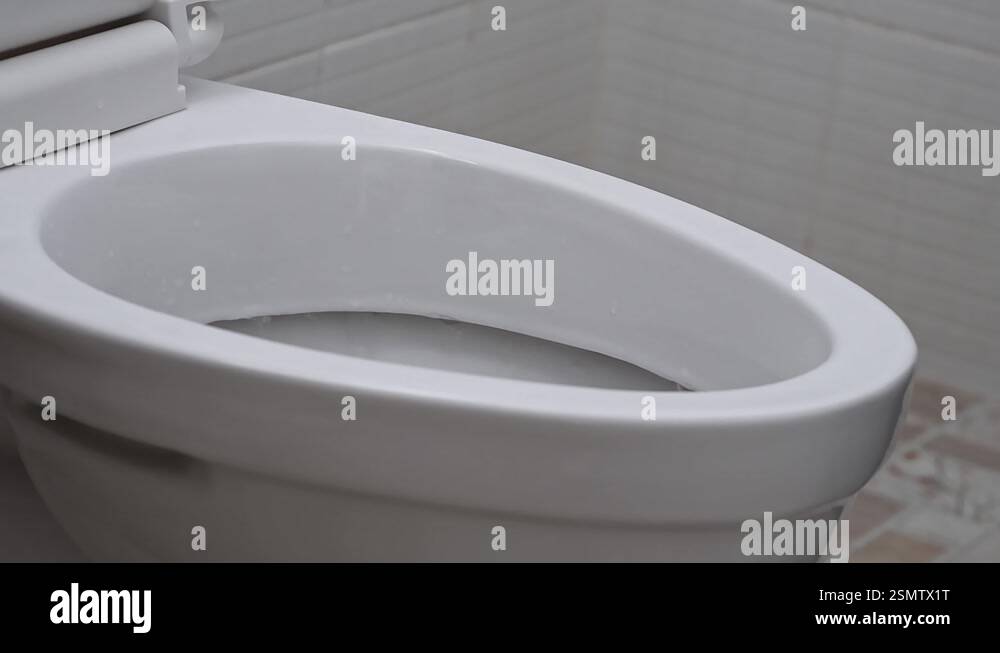 Flush toilet. Water flushes the toilet. Water saving concept Stock ...