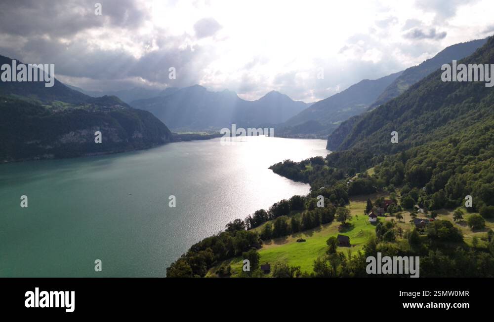 Switzerland nature, Walensee lake Amden, aerial drone forest covered ...