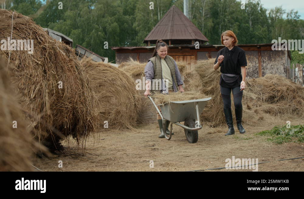 Woman with Down Syndrome Helping Female Farmer Carting Straw for Horses ...