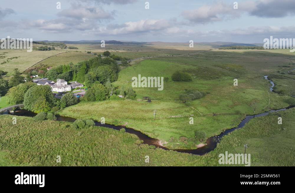 West Dart River over Two Bridges from a drone, Yelverton, Dartmoor ...