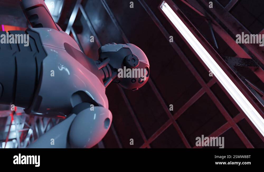 a robots in an industrial setting with red and blue lighting. Robotics ...
