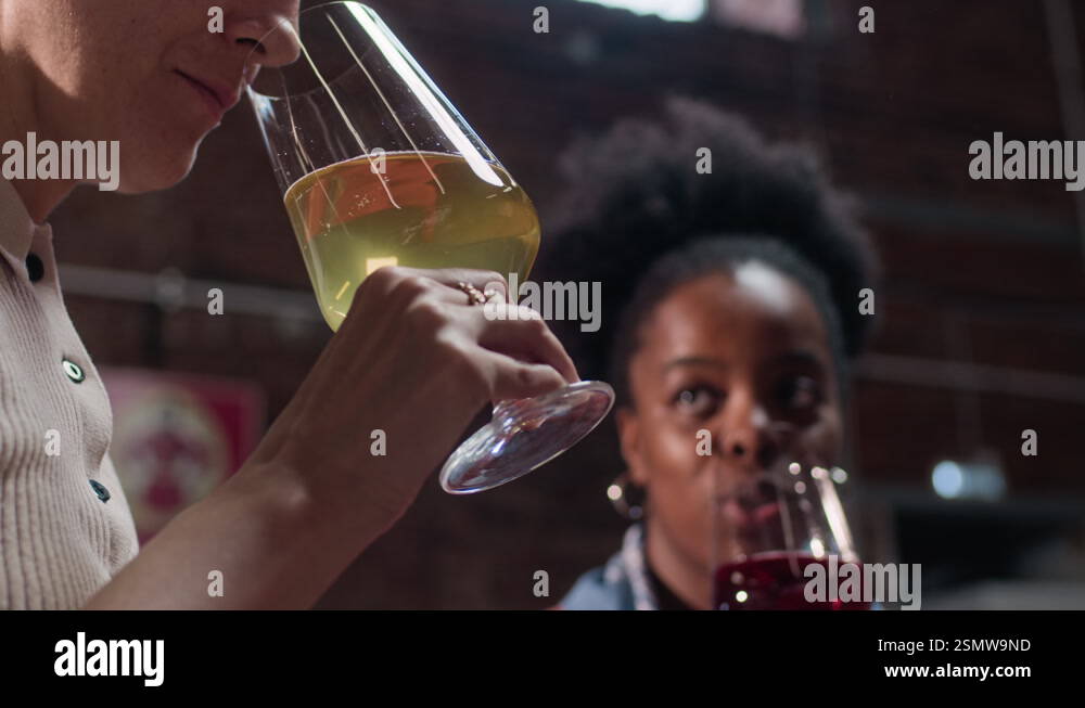 Two Multiethnic Women Having Discussion during Cider Degustation at Bar ...