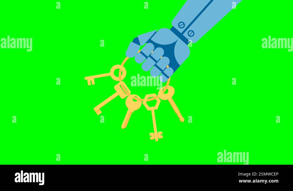 Bunch of keys in a robotic hand. Keyword. Key to success or solution ...