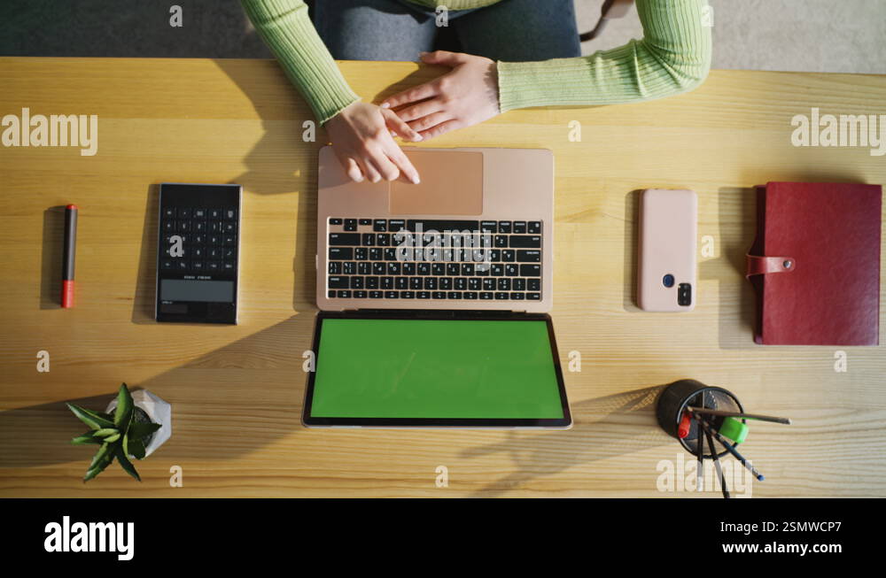 Manager hands swiping touchpad at workdesk closeup. Woman working pc ...