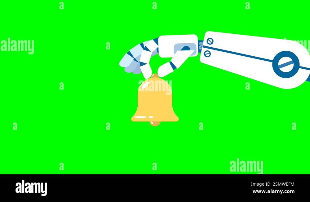 Golden bell in robot hand, announcing an upcoming schedule ...