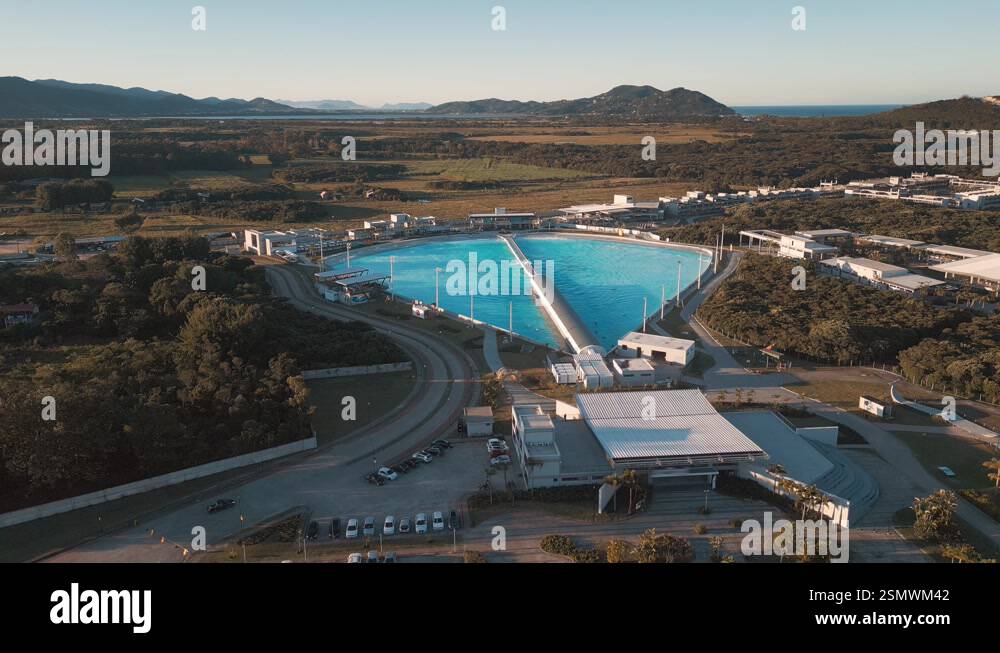 Surfing pool. Aerial view of the pool with artificial waves built in ...