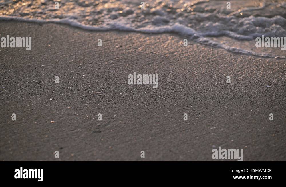 Shoreline waves break, leaving trails of foam on the sand during sunset ...
